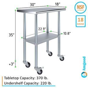 18" X 30" AmGood Stainless Steel Work Table with Wheels | Metal Mobile Table | Food Prep