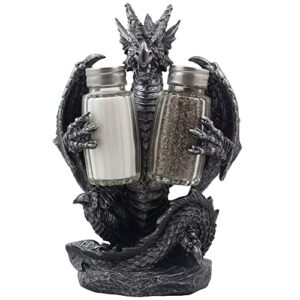 mythical dragon salt and pepper shaker set with holder figurine for medieval & fantasy bar or kitchen table decor sculptures and gothic gifts by home-n-gifts