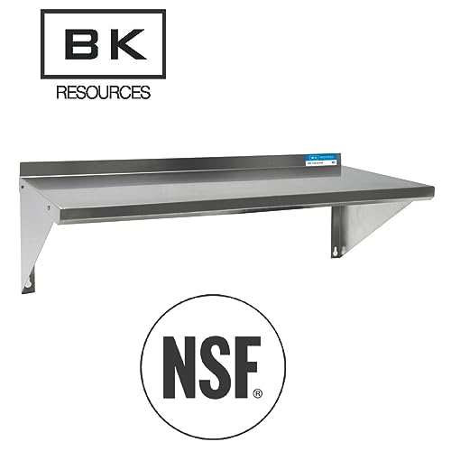 BK Resources Stainless Steel Wall Shelf, 12"x 36", 18 Gauge T-430 Steel, NSF Commercial Kitchen Food Service Use, 1.5" Backsplash, Angle Supports, BKWSE-1236