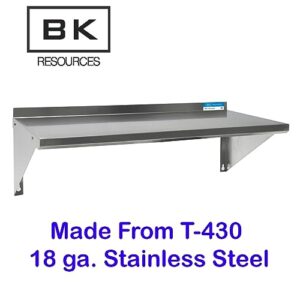 BK Resources Stainless Steel Wall Shelf, 12"x 36", 18 Gauge T-430 Steel, NSF Commercial Kitchen Food Service Use, 1.5" Backsplash, Angle Supports, BKWSE-1236