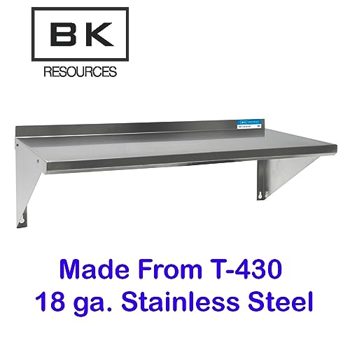 BK Resources Stainless Steel Wall Shelf, 12"x 36", 18 Gauge T-430 Steel, NSF Commercial Kitchen Food Service Use, 1.5" Backsplash, Angle Supports, BKWSE-1236