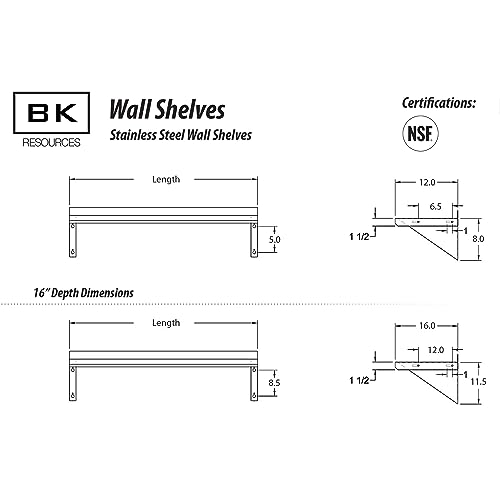 BK Resources Stainless Steel Wall Shelf, 12"x 36", 18 Gauge T-430 Steel, NSF Commercial Kitchen Food Service Use, 1.5" Backsplash, Angle Supports, BKWSE-1236