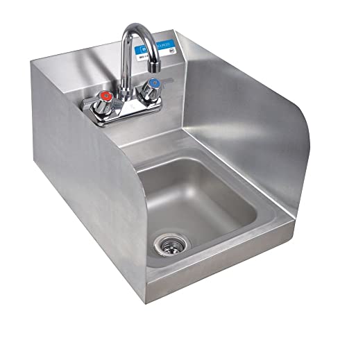 BK Resources Space Saver Stainless Steel Wall Mount Commercial Hand Sink With Faucet, 9" x 9" Bowl Size, Side Splash Guards, Splash Mount Faucet Holes, Heavy Duty Commercial Food Service, NSF