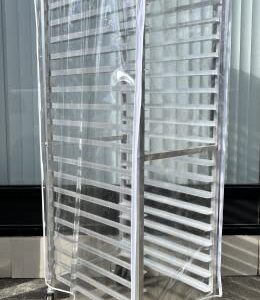 Made in USA. High quality Long-lasting use Vinyl COVER, Bakery Food Pan Sheet Rack Transparent COVER, size: 23"W x 28"L x 61"H, Long-lasting use Durable Clear Vinyl, with 3 Zippers.