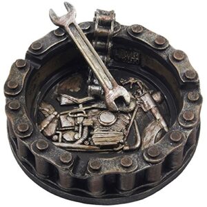 decorative motorcycle chain ashtray with wrench and bike motif great for a biker bar & harley mechanics shop smoking room decor as unique for men or smokers