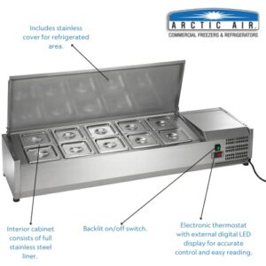 Arctic Air ACP55 55" Refrigerated Countertop Condiment Prep Station With 10 Pan Compartments, Stainless Steel, 115v