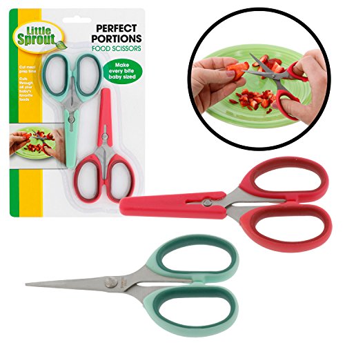 Baby Food Scissors 2 Pack w Covers- Parent Must-Have Safety Stainless Steel Shears to Make Every Bite Baby Sized and Safe- Portable For Babies & Toddlers Feeding (Meats, Fruits, and Vegetables)