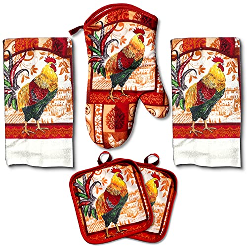 Farm Rooster Kitchen Decor Linen Set Includes 2 Dish Towel 2 Pot Holders 1 Oven Mitt | Kitchen Towel Set For Cooking, Baking, Housewarming and Kitchen Decoration (Set of 5 Piece)