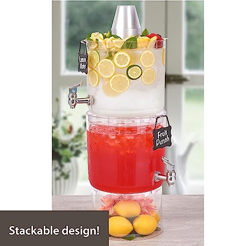 Buddeez Beverage Dispenser With Stand - (2 Count) Stackable 2 Gallon Tritan Clear Drink Dispenser, Large Party Drink Dispenser, Top Lid For Cups & Fruit, (Bonus Chalkboard ID Tag)