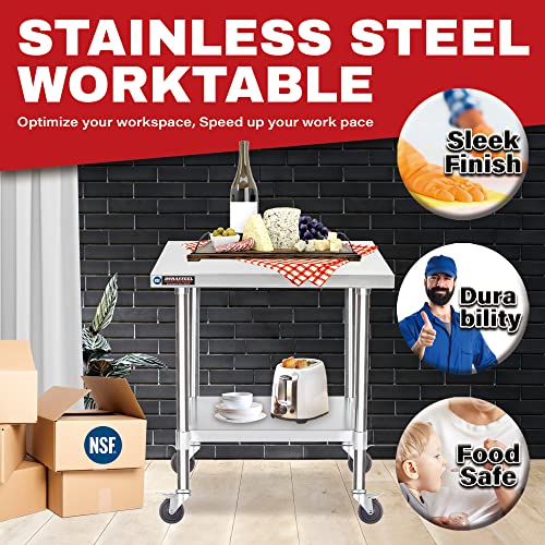 Food Prep Stainless Steel Table - DuraSteel 30 x 24 Inch Metal Table Cart - Commercial Workbench with Caster Wheel - NSF Certified - For Restaurant, Warehouse, Home, Kitchen, Garage