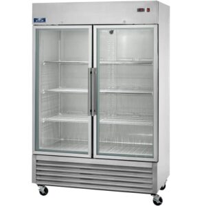 arctic air agr49 two door glass reach-in refrigerators, 2 doors 6 shelves, 33df to 41df, 49 cu. ft, stainless steel