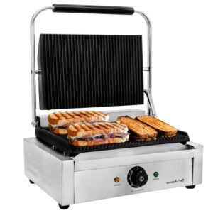 chef's supreme commercial panini grill, 14" x 9" non stick grooved plates, 120v 2200w, 120f - 570f heat control, perfect for sandwiches, burgers, steaks and more