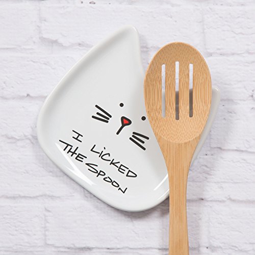 Pavilion Gift Company Blobby Cat, Cat Spoon Rest "I Licked the Spoon", 5", White