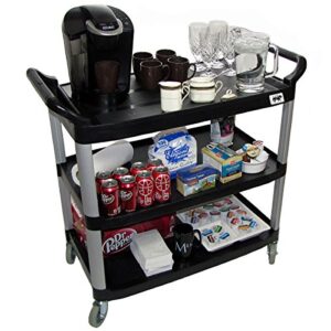 crayata serving and bus cart, kitchen food service utility cart, 3 tier heavy duty plastic beverage and coffee transport cart for restaurants, 400 pound capacity, black