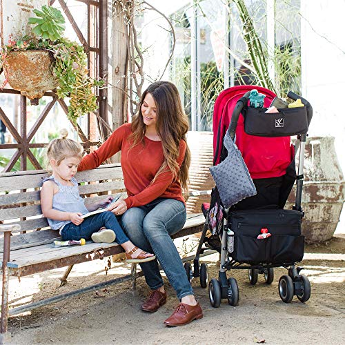 J.L. Childress Cargo 'N Drinks Parent Tray, Universal Stroller Organizer with Insulated Cup Holders, Folds into Stroller, Easy Velcro Attachment, Black with Chevron Interior