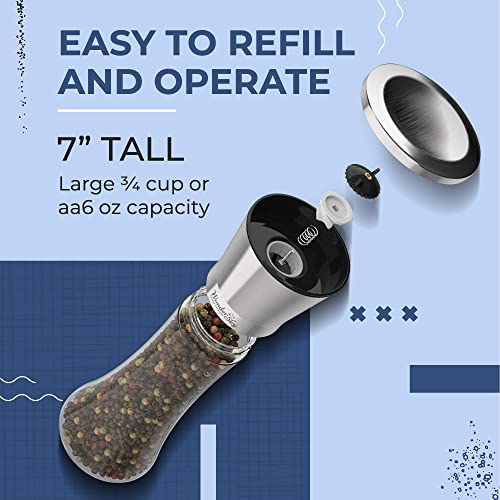 Salt and Pepper Grinder Set - 2 Pack - Pepper Mill, Salt Grinder, Refillable, Pepper Mill Grinder, Tall Glass Salt Pepper Grinder, Salt Pepper Grinder Set, Salt Pepper Set, Black Pepper Grinder