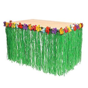 tytroy 9ft reusable green grass hibiscus flowers hawaiian luau table skirt set with bonus 12 green tropical palm leaves perfect for tropical theme tiki hula or moana birthday parties (green)