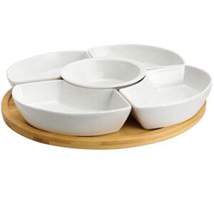 elama ceramic stoneware condiment appetizer set, 6 piece, compartment round in white and natural bamboo