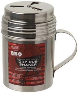 tablecraft, 10 oz, silver stainless steel dry rub shaker with handle, 10-ounce