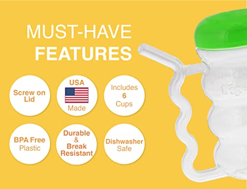 Arrow Home Products Sip-A-Mug, 14oz, 6pk - Easy to Grip Plastic Kid's Cup Where the Handle is the Straw - BPA-free with Screw-On Caps Great for Everyday Use, Made in the USA - Clear with Color Lids