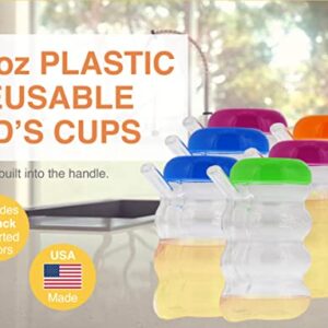 Arrow Home Products Sip-A-Mug, 14oz, 6pk - Easy to Grip Plastic Kid's Cup Where the Handle is the Straw - BPA-free with Screw-On Caps Great for Everyday Use, Made in the USA - Clear with Color Lids