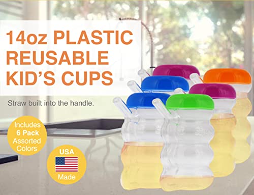 Arrow Home Products Sip-A-Mug, 14oz, 6pk - Easy to Grip Plastic Kid's Cup Where the Handle is the Straw - BPA-free with Screw-On Caps Great for Everyday Use, Made in the USA - Clear with Color Lids