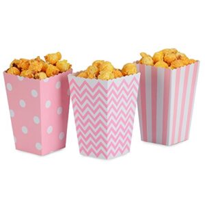 nuiby popcorn boxes, pink trio (36 pack) polka dot, chevron, stripe treat boxes - small movie theater popcorn paper bags for dessert tables & wedding favors