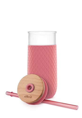 Ello Devon Glass Tumbler with Splash Proof Wooden Lid and Straw, Protective No Sweat Silicone Sleeve, Perfect for Smoothies and Iced Coffee, BPA Free, Dishwasher Safe, Multicolor, 18oz