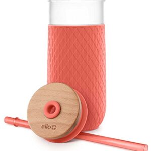 Ello Devon Glass Tumbler with Splash Proof Wooden Lid and Straw, Protective No Sweat Silicone Sleeve, Perfect for Smoothies and Iced Coffee, BPA Free, Dishwasher Safe, Multicolor, 18oz