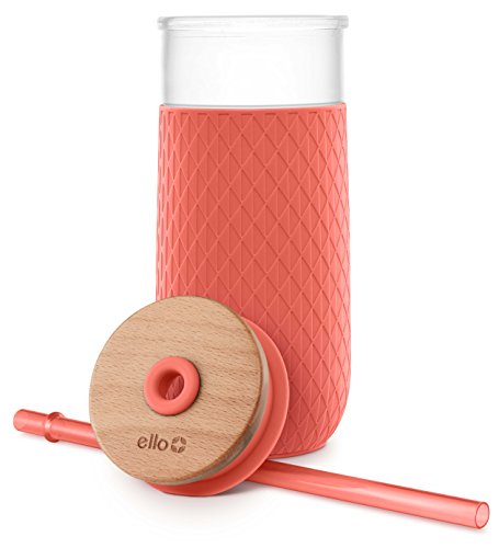 Ello Devon Glass Tumbler with Splash Proof Wooden Lid and Straw, Protective No Sweat Silicone Sleeve, Perfect for Smoothies and Iced Coffee, BPA Free, Dishwasher Safe, Multicolor, 18oz