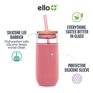 Ello Devon Glass Tumbler with Splash Proof Wooden Lid and Straw, Protective No Sweat Silicone Sleeve, Perfect for Smoothies and Iced Coffee, BPA Free, Dishwasher Safe, Multicolor, 18oz