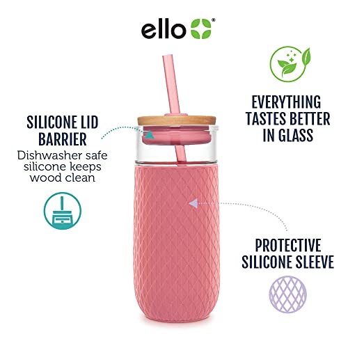 Ello Devon Glass Tumbler with Splash Proof Wooden Lid and Straw, Protective No Sweat Silicone Sleeve, Perfect for Smoothies and Iced Coffee, BPA Free, Dishwasher Safe, Multicolor, 18oz