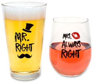 funny mr. right and mrs. always right novelty wine glass and beer glass | includes fun, stylish gift box | for weddings, engagement, newlywed, bachelorette, anniversary, couples gifts