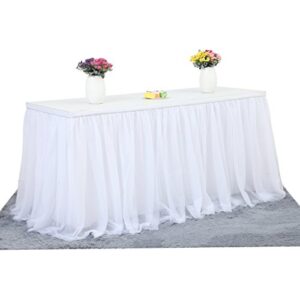 6ft white tulle table skirt for rectangle or round tables tutu table skirt white ruffle table cloth for wedding bridal shower baptism birthday party christening banquet table decorations(l6(ft)h 30in)