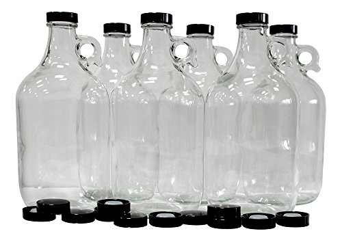 FastRack 64 oz Growler, 1/2 Gallon Glass Beer Growler, Half Gallon Glass Jug, Clear Growlers for Beer, 1/2 Gallon Glass Jug, Set of 6, Comes with 12 Extra Poly Seal Caps