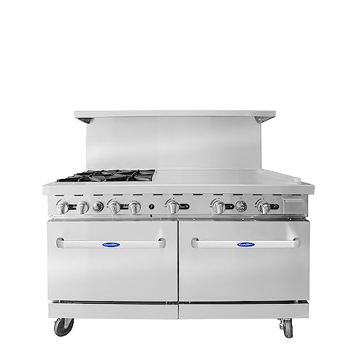 Atosa ATO-36G4B 60'' Gas Range. (4) Open Burners and 36'' Griddle on the LEFT with Two 26'' 1/2 Wide Ovens