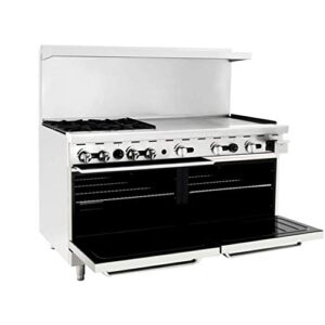 Atosa ATO-36G4B 60'' Gas Range. (4) Open Burners and 36'' Griddle on the LEFT with Two 26'' 1/2 Wide Ovens