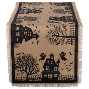 dii halloween primitive style burlap tabletop décor, spooky haunted house jute, table runner, 14x74, black & tan