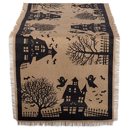 DII Halloween Primitive Style Burlap Tabletop Décor, Spooky Haunted House Jute, Table Runner, 14x74, Black & Tan