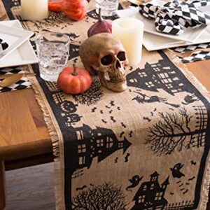 DII Halloween Primitive Style Burlap Tabletop Décor, Spooky Haunted House Jute, Table Runner, 14x74, Black & Tan