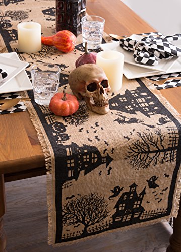 DII Halloween Primitive Style Burlap Tabletop Décor, Spooky Haunted House Jute, Table Runner, 14x74, Black & Tan