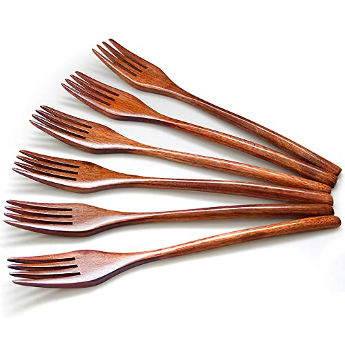 Forks,Wooden Forks, AOOSY 6 Pieces Eco-friendly Japanese Wood Salad Dinner Forks Wooden Forks Set Reusable Handmade Natural Wood Flatware Set for Cooking Stirring Eating