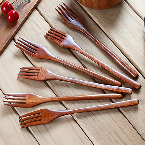 Forks,Wooden Forks, AOOSY 6 Pieces Eco-friendly Japanese Wood Salad Dinner Forks Wooden Forks Set Reusable Handmade Natural Wood Flatware Set for Cooking Stirring Eating