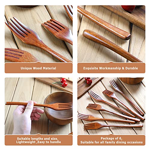 Forks,Wooden Forks, AOOSY 6 Pieces Eco-friendly Japanese Wood Salad Dinner Forks Wooden Forks Set Reusable Handmade Natural Wood Flatware Set for Cooking Stirring Eating