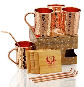 gift set pure copper hammered mugs with copper straws & wooden coasters set of 4 - premium quality -16 oz copper mug - 100% handcrafted - a gift pack for your loved ones.