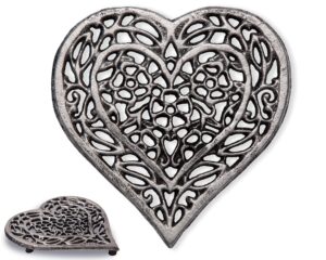 cast iron heart trivet | decorative cast iron trivet for kitchen countertop or dining table | vintage design | 6.75x6.5 | with rubber pegs/feet - recycled metal | silver with black