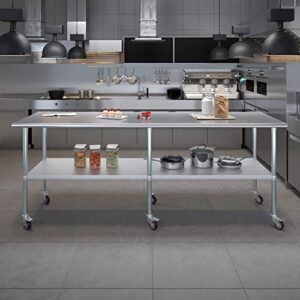 AmGood 30" x 96" Stainless Steel Work Table with Casters | Heavy Duty Metal Utility Table On Wheels | Kitchen Island Cart