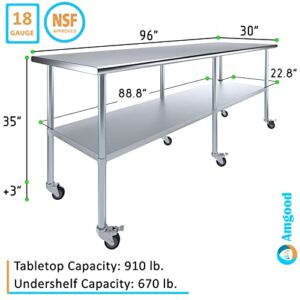 AmGood 30" x 96" Stainless Steel Work Table with Casters | Heavy Duty Metal Utility Table On Wheels | Kitchen Island Cart