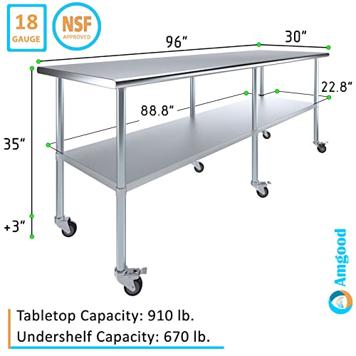 AmGood 30" x 96" Stainless Steel Work Table with Casters | Heavy Duty Metal Utility Table On Wheels | Kitchen Island Cart