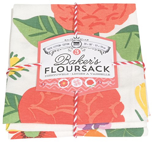 Now Designs Floursack Kitchen Towels Quick Dry Cotton Hand Towel Set, 3 Count, Flowers of The Month, 20 x 30 in